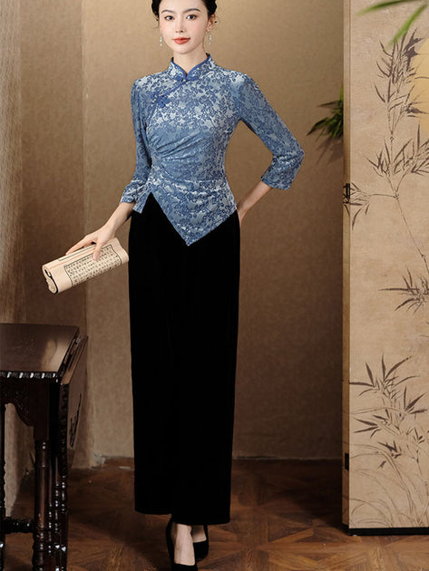 Blue Floral Velvet Irregular Cheongsam Blouse Top - IMALLURE – imallure
