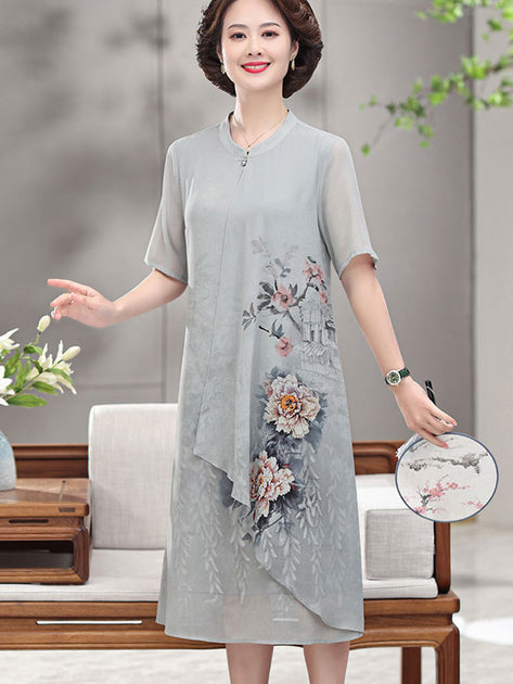 Summer Gray Red Floral Mothers Qipao Cheongsam Dress - IMALLURE – imallure
