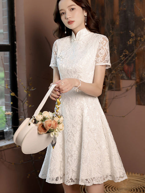 White Floral Lace Midi A-Line Cheongsam Qipao Dress - IMALLURE – imallure