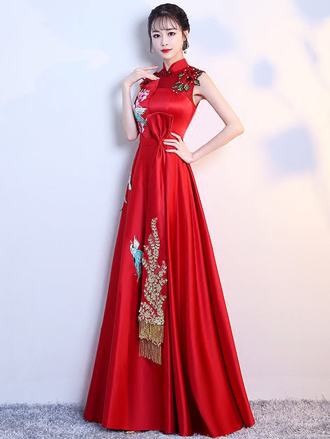 Wine Red A-Line Phoenix Maxi Qipao Cheongsam Evening Dress – imallure