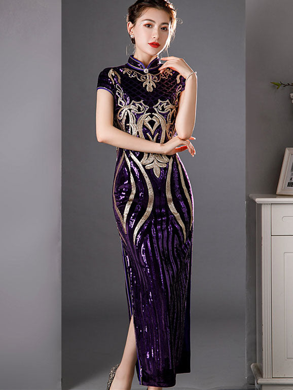 Purple Red Sequined Velvet Full Qi Pao Cheongsam Dress - IMALLURE ...