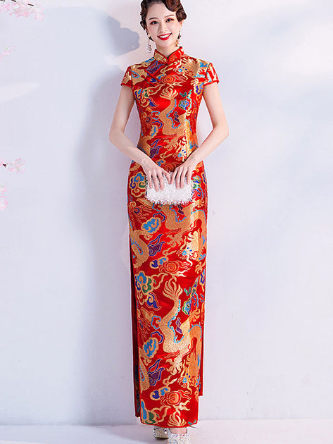 Yellow Red Jacquard Dragon Traditional Cheongsam Qi Pao Dress – imallure