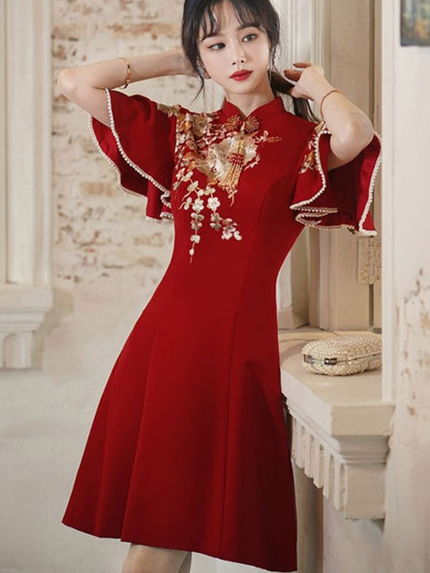 Flutter Sleeve A-line Wedding Cheongsam Qi Pao Dress - IMALLURE – imallure